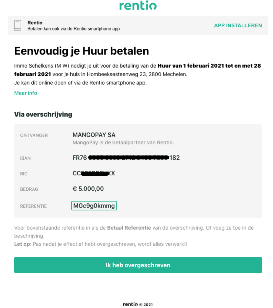 Hoe gebeurt de online betaling via overschrijving? – Rentio dashboard